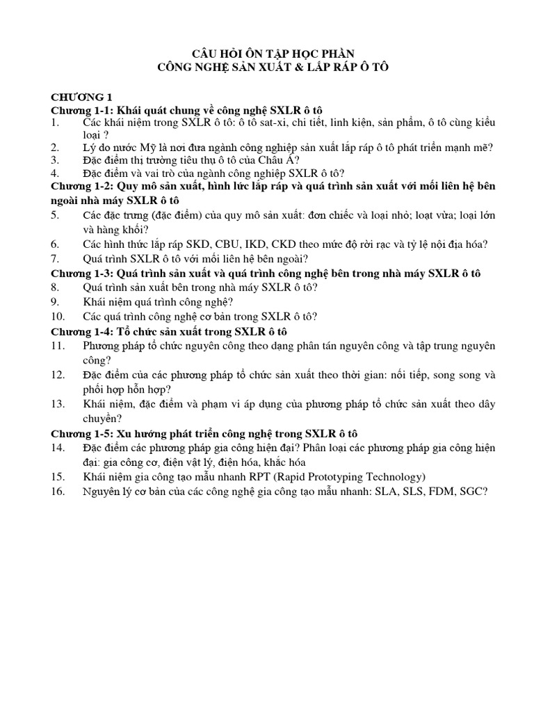 Câu hỏi ôn tập CNSXLR ô tô - Trắc nghiệm - CQ - K61 | PDF