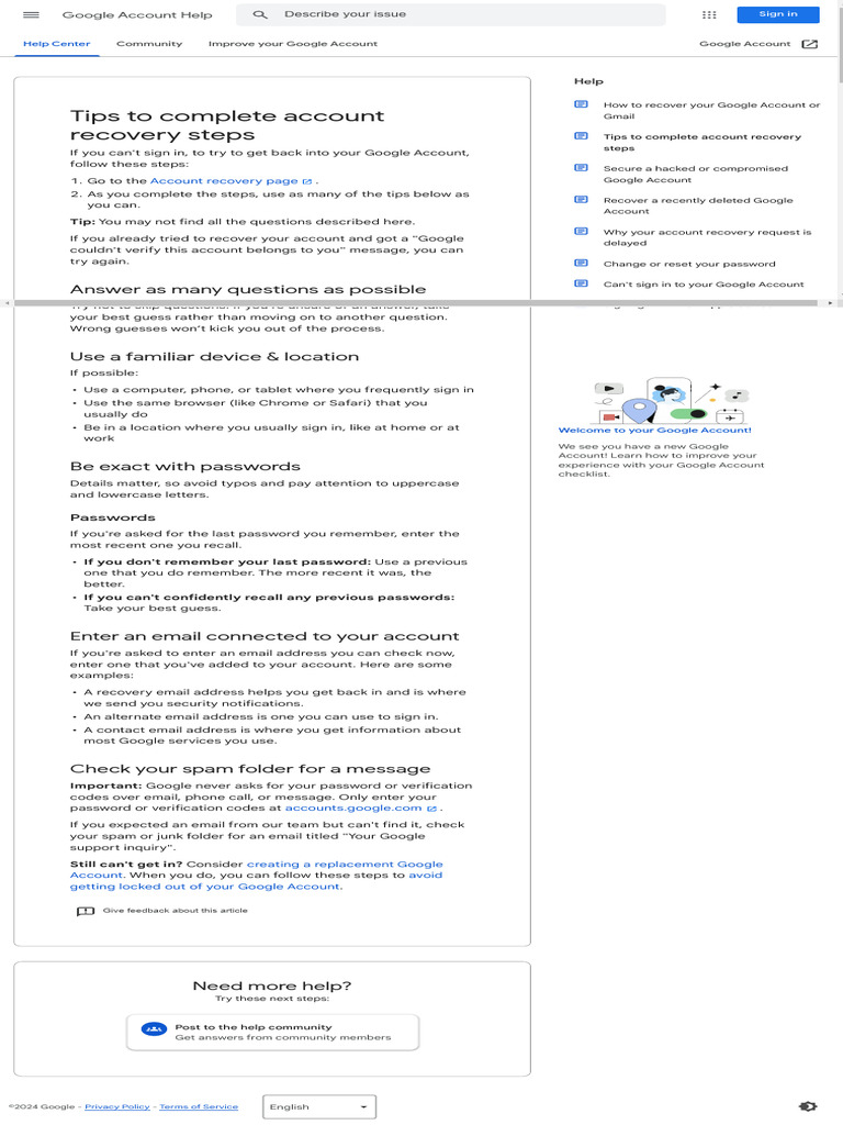 Tips To Complete Account Recovery Steps - Google Account Help | PDF ...