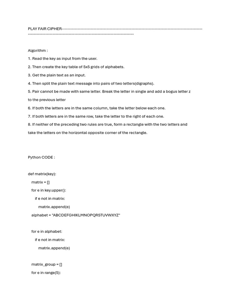 Play Fair Cipher Pdf Encryption Key Cryptography 