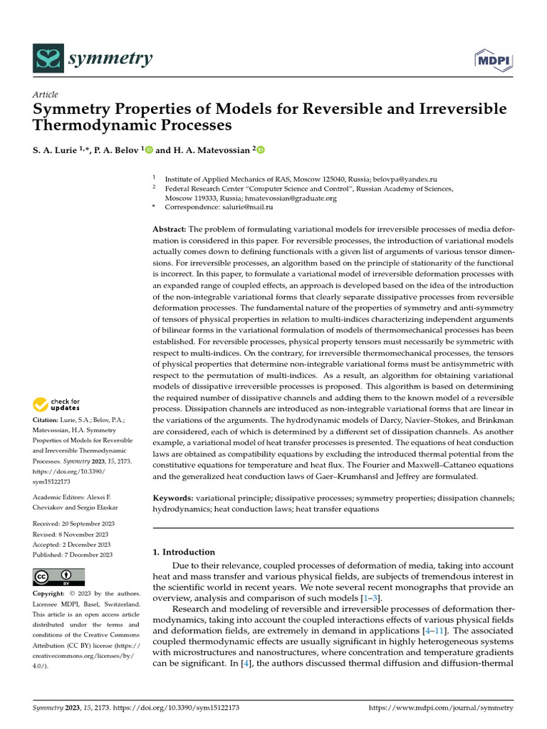 Symmetry Properties of Models For Reversible and I | PDF | Calculus Of ...