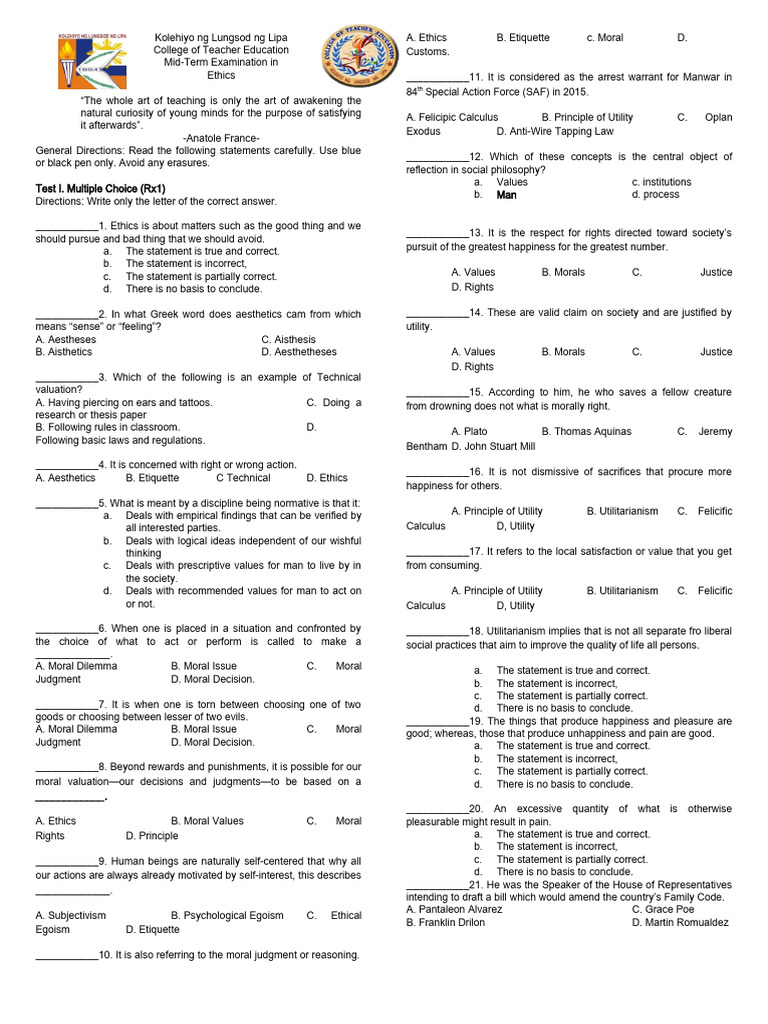 GE 108 Midterm Exam | PDF | Utilitarianism
