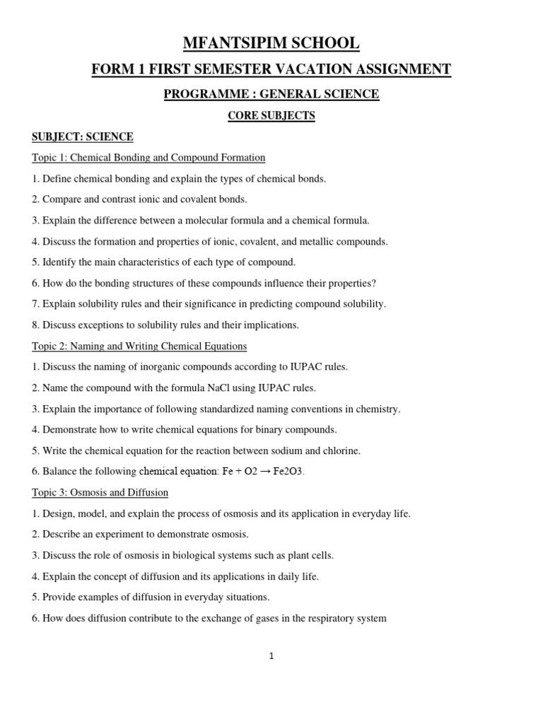 General Science 2024 F1 Sem 1 Vac Assignment-1 | PDF | Gases | Chemical Compounds