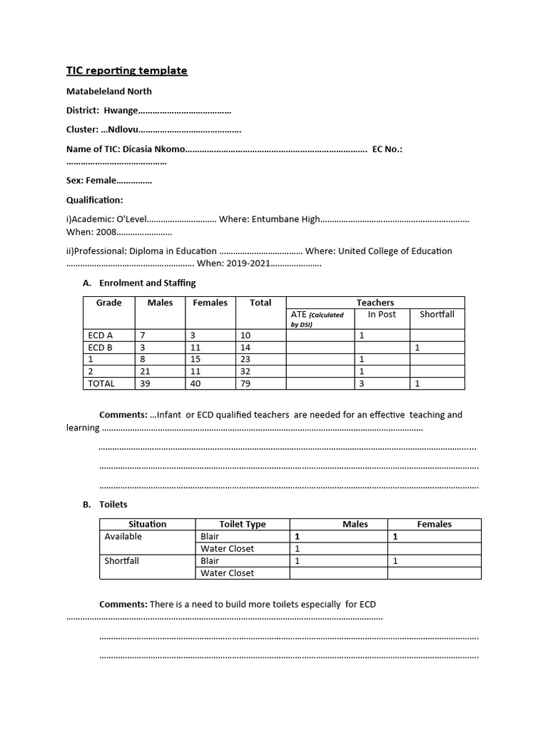 TIC reporting template - Copy1 | PDF | Learning | Behavior Modification