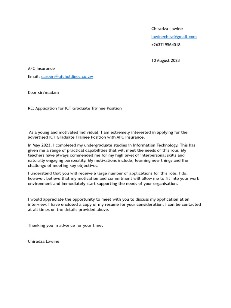 ICT Graduate Trainee Application Letter | PDF