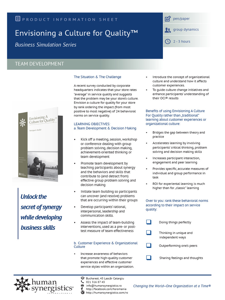 Product Information Sheet - Envisioning A Culture For Quality | PDF ...