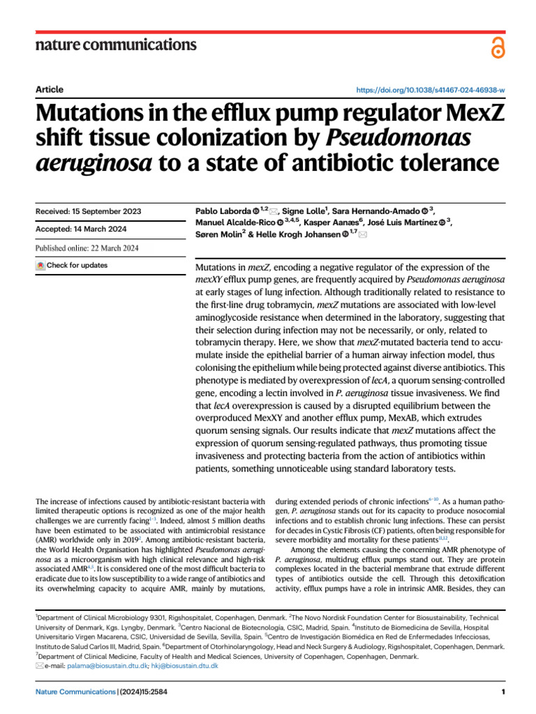 Mutations in The Ef Ux Pump Regulator Mexz Shift Tissue Colonization by Pseudomonas Aeruginosa ...