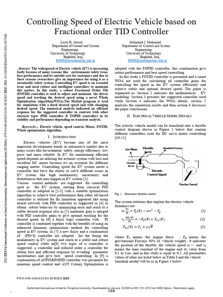 Controlling Speed Of Electric Vehicle Based On Fractional Order Tid Controller Pdf Control