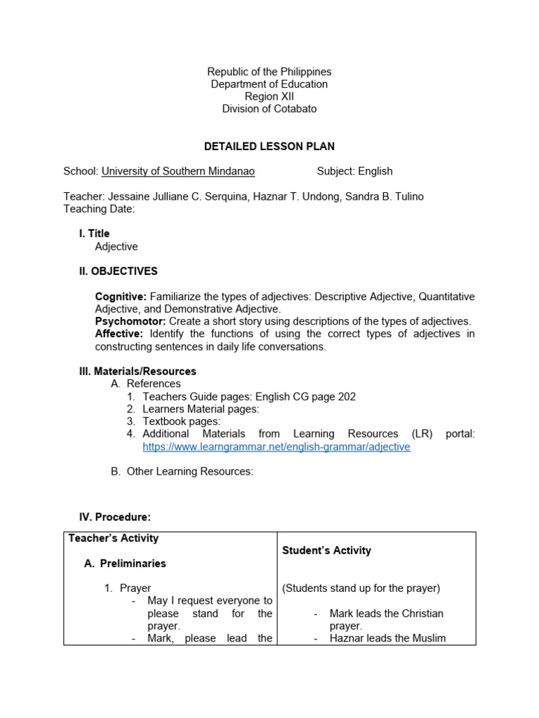 Lesson Plan on Types of Adjectives | PDF | Noun | Adjective