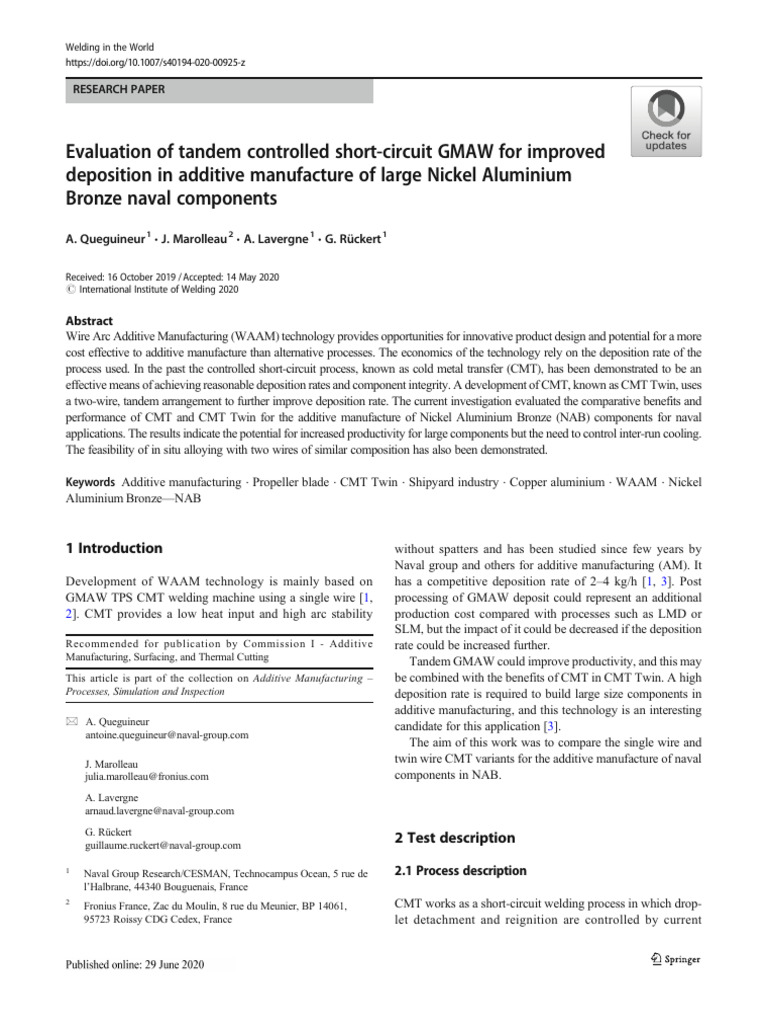 Evaluation of tandem controlled short-circuit GMAW for improved | PDF ...