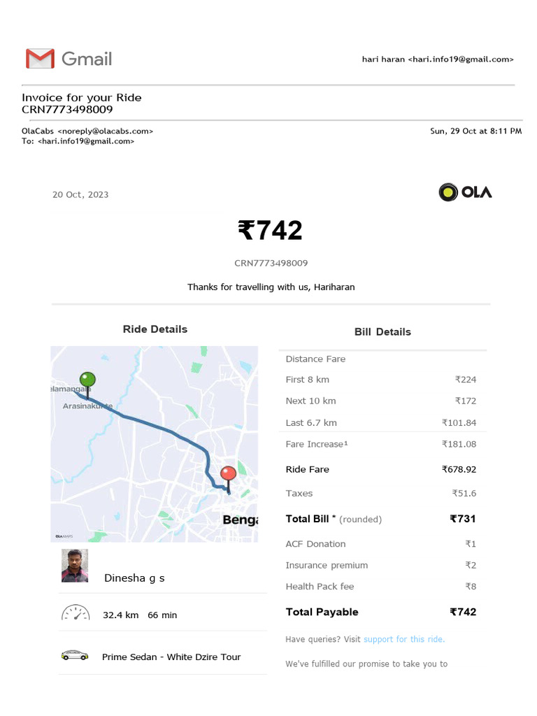 Ola Ride Invoice for Hariharan | PDF | Fare | Payments