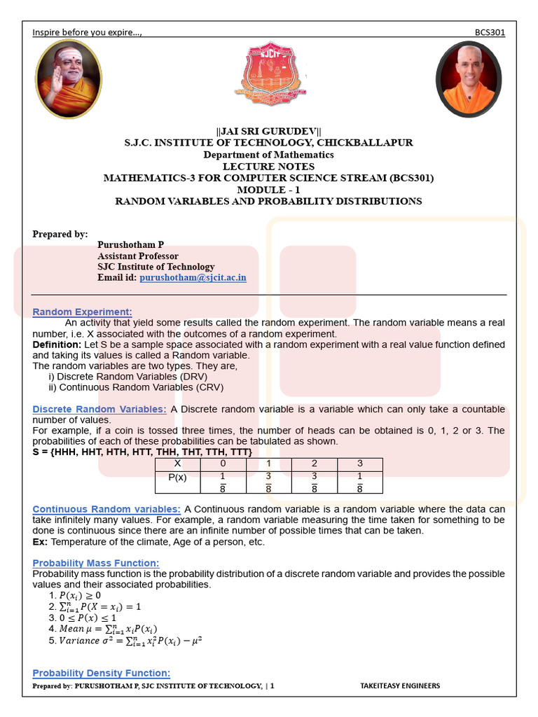 Bcs301 Imp Notes PRP | PDF | Probability Distribution | Random Variable