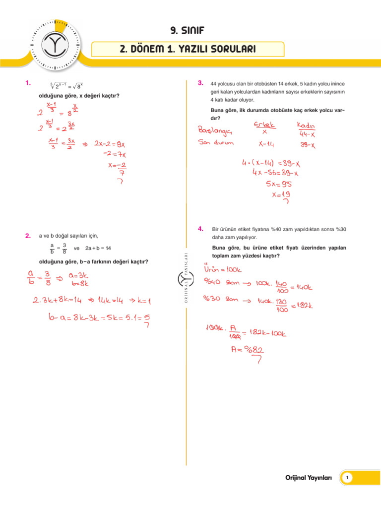 9 SINIF 2 DOÌ NEM 1 YAZILI SORULARI 2024 Ã Ã Zã Mler | PDF
