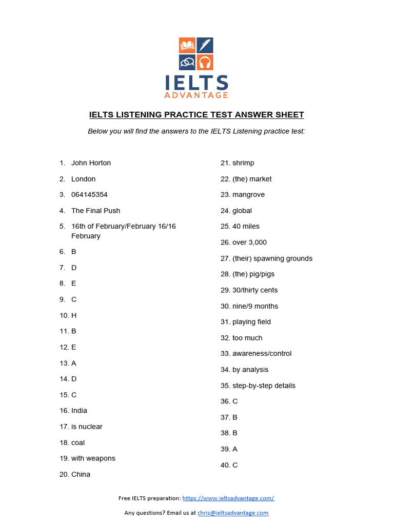 IELTS Listening Test Answers | PDF | International English Language ...