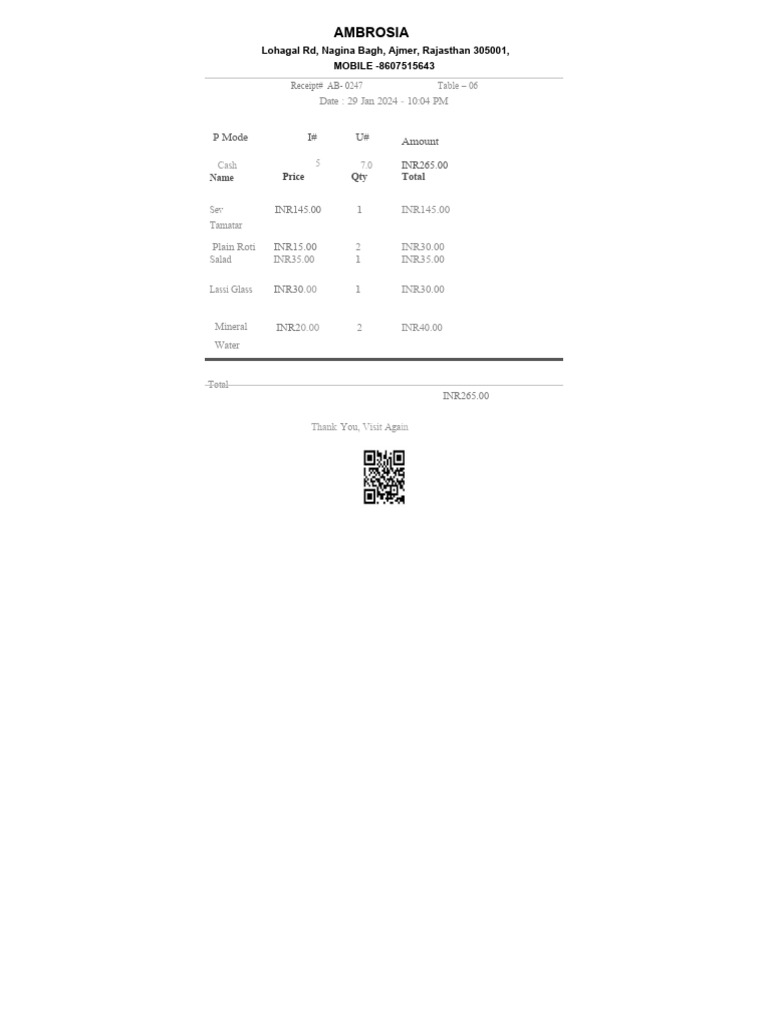 Dhaba Bill Receipt from Ambrosia | PDF