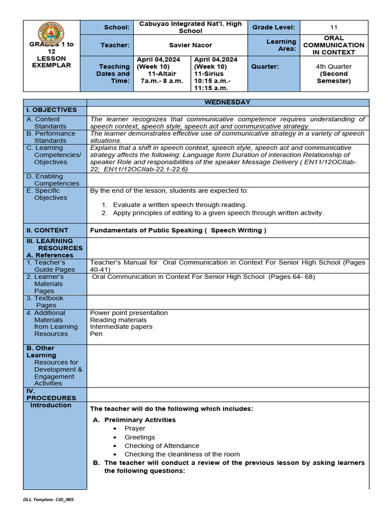 Grade 11 Oral Communication Lesson Plan | PDF | Learning | Teachers