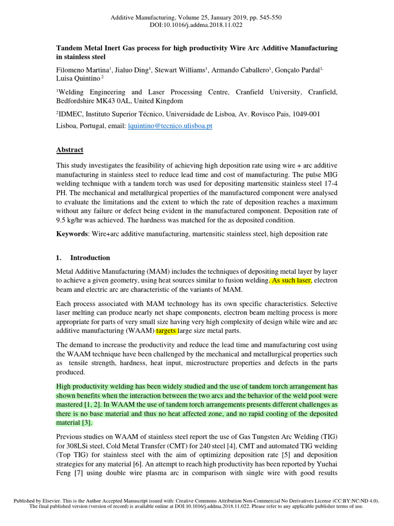 Tandem MIG process-WAAM in Stainless Steel-2018 | PDF | Steel | Welding