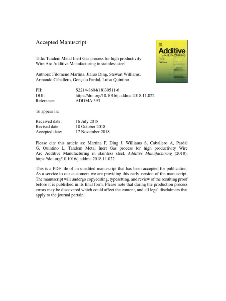 Tandem Metal Inert Gas Process For High Productivity Wire Arc Additive ...