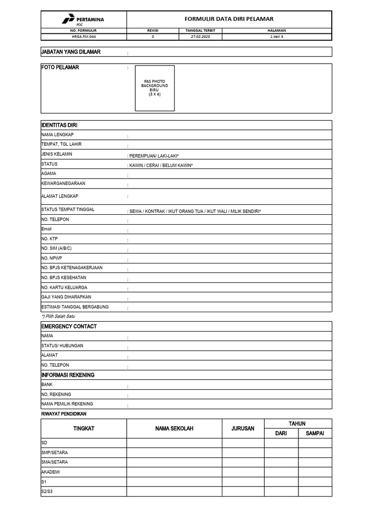 HRGA - fm.044 - Formulir Data Diri Pelamar - 2023 | PDF