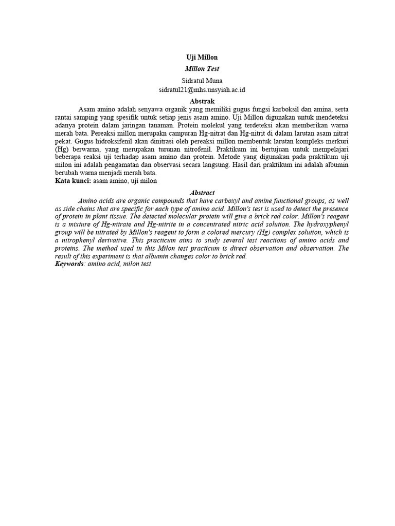 Laporan Praktikum BIOKIMIA Uji Milllon | PDF