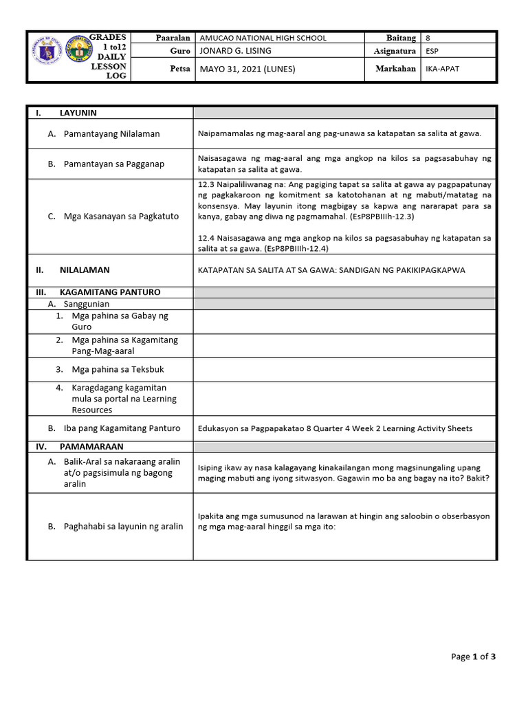 ESP 8 1st Observation - DLP | PDF