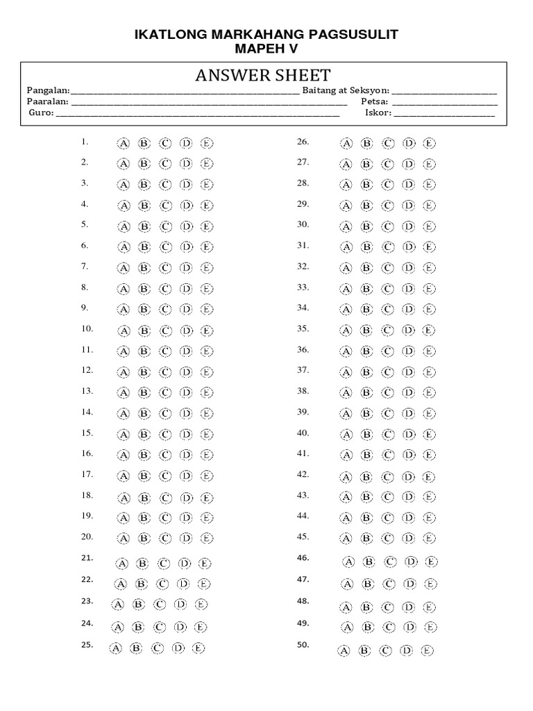 MAPEH V Exam Answer Sheet Template | PDF
