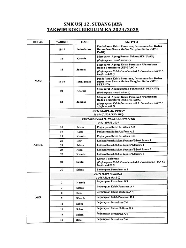 Takwim Kokurikulum SMK Usj 12 | PDF