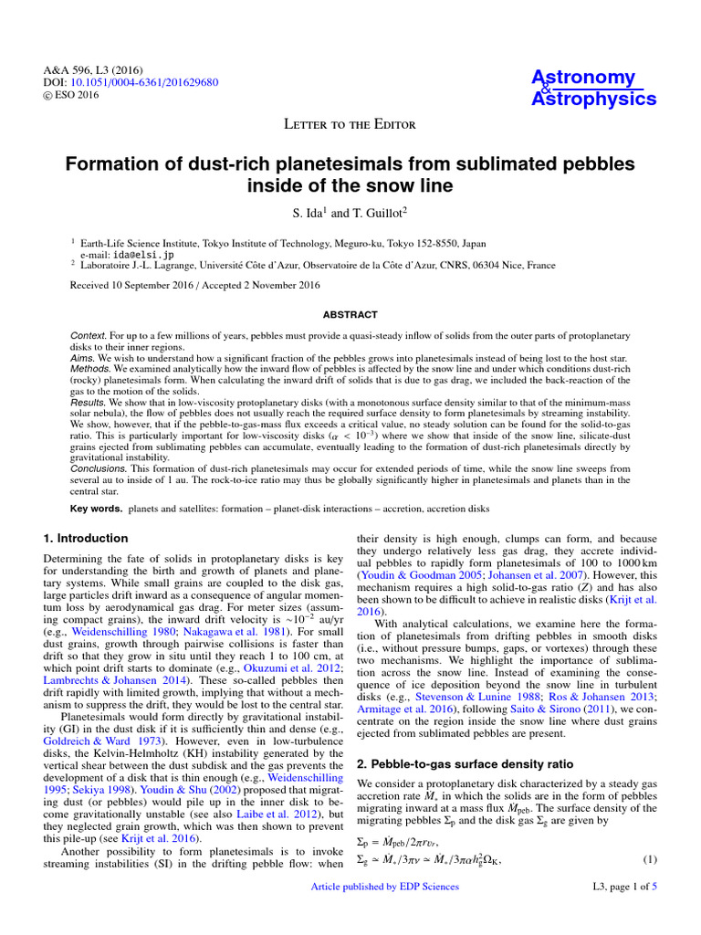 2016 Ida - Formation of Dust-Rich Planetesimals From Sublimated Pebbles ...