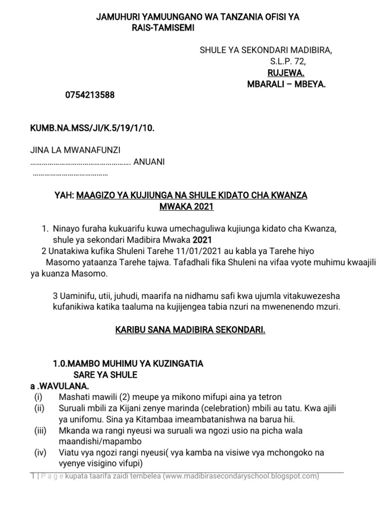 Madibira SS Form One Joining Instruction 2021 | PDF