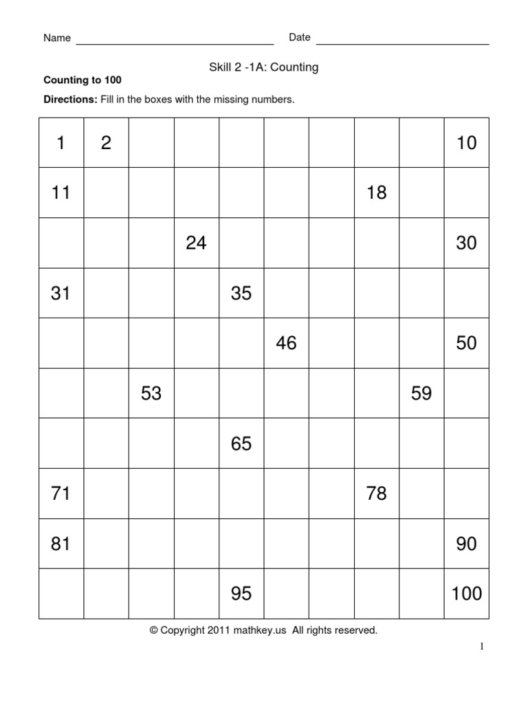 Skill 2 - 1A: Counting: Counting To 100 Directions: Fill in The Boxes ...