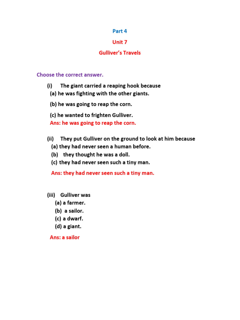 Gulliver's Travels Unit 7 Quiz Answers | PDF