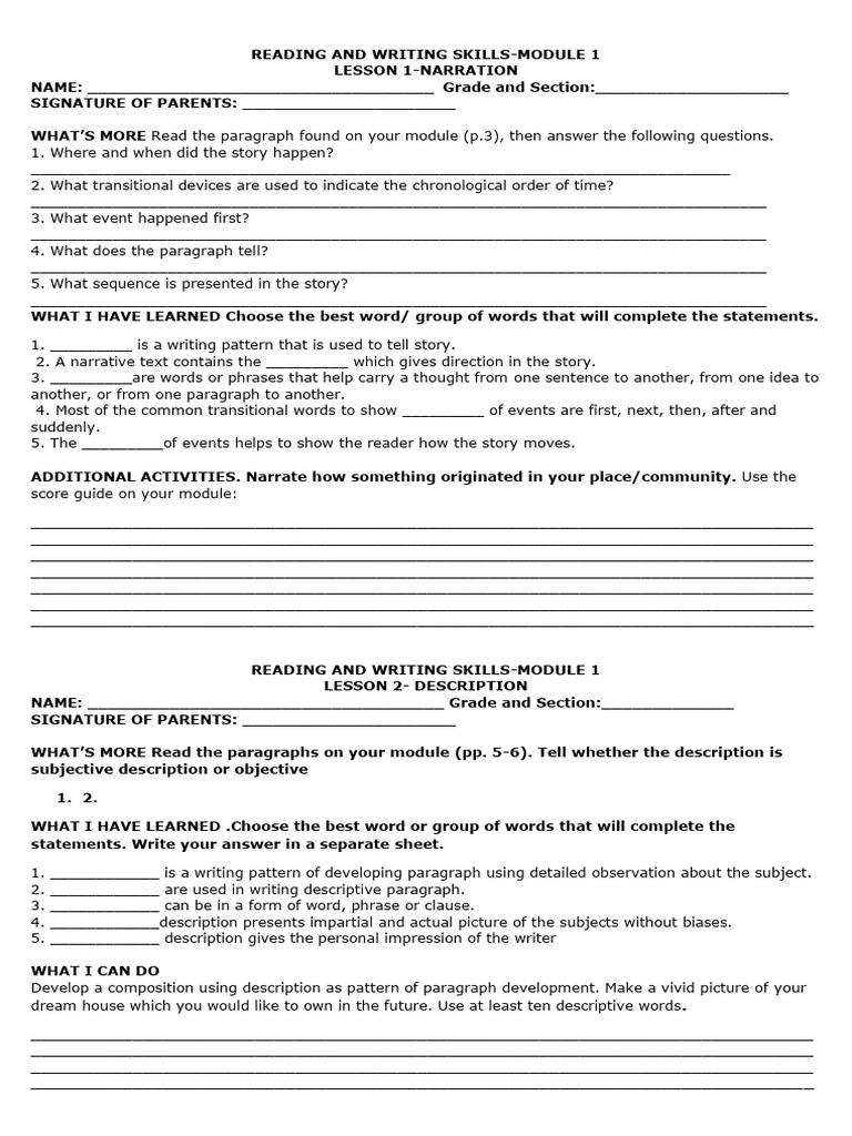 Reading and Writing Skills Module 1 | PDF | Subject (Grammar) | Word