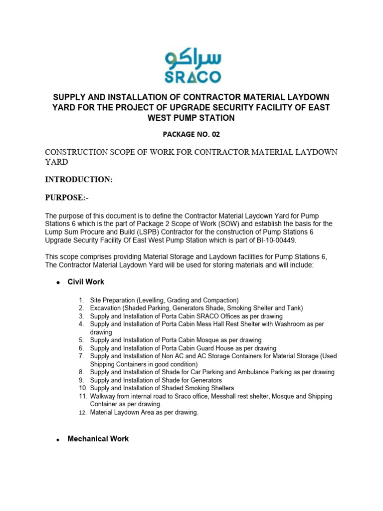 Construction Scope of Work Contractor Material Laydown Yard Ps 6 | PDF | Pumping Station | Pipe ...