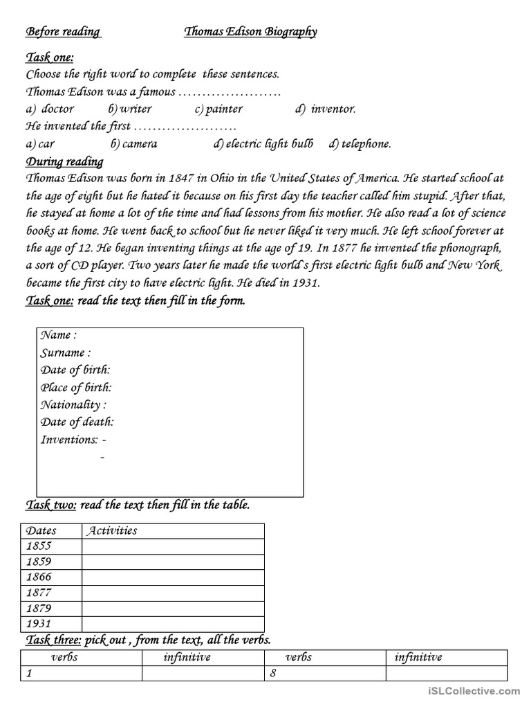 Thomas Edison Biography Worksheet | PDF | Thomas Edison | Semantic Units