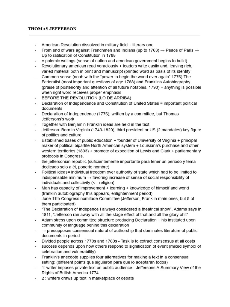 THOMAS JEFFERSON (notes) | PDF | United States Declaration Of ...