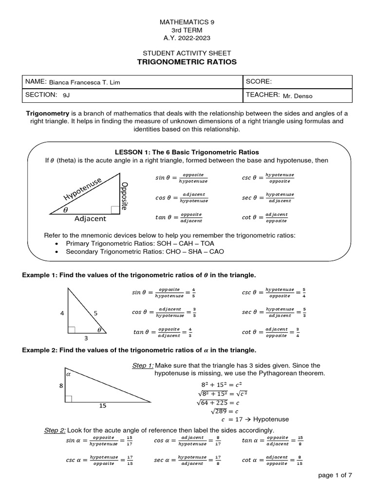Trigonometric Ratios and Applications | PDF | Trigonometry | Triangle