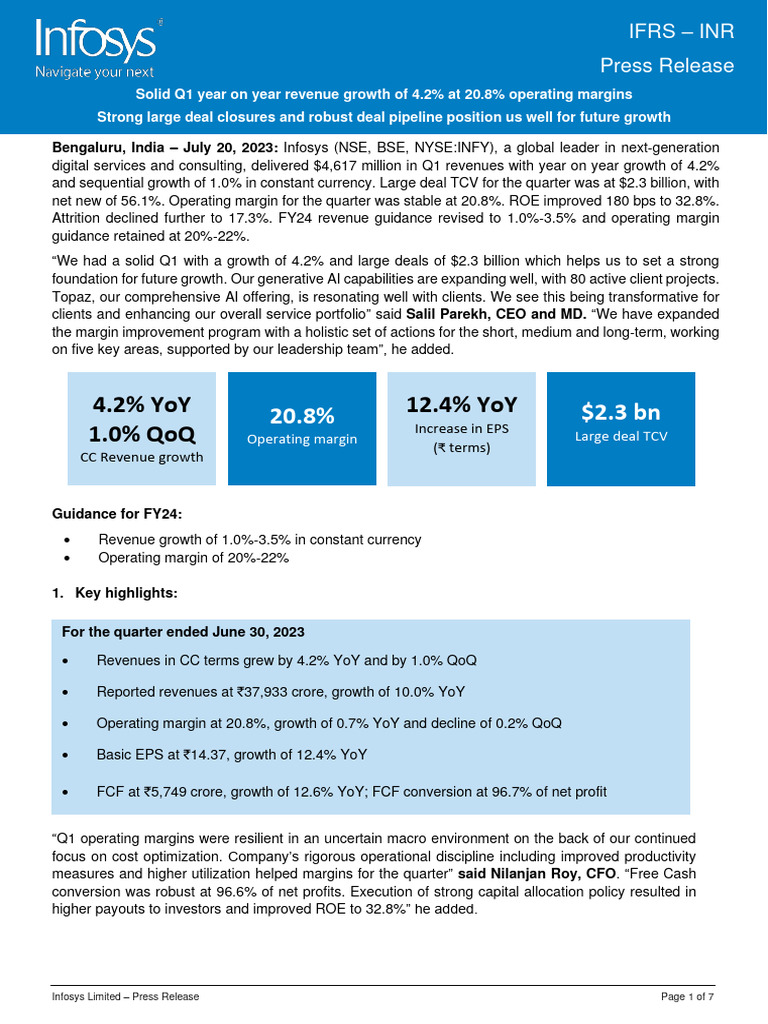 Infosys Q1 2023 Financial Highlights | PDF | Equity (Finance) | Balance ...