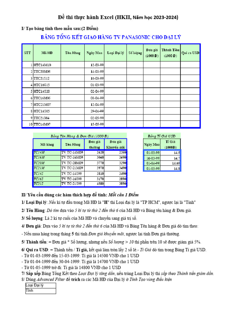 1-De Thi Thuc Hanh Excel | PDF