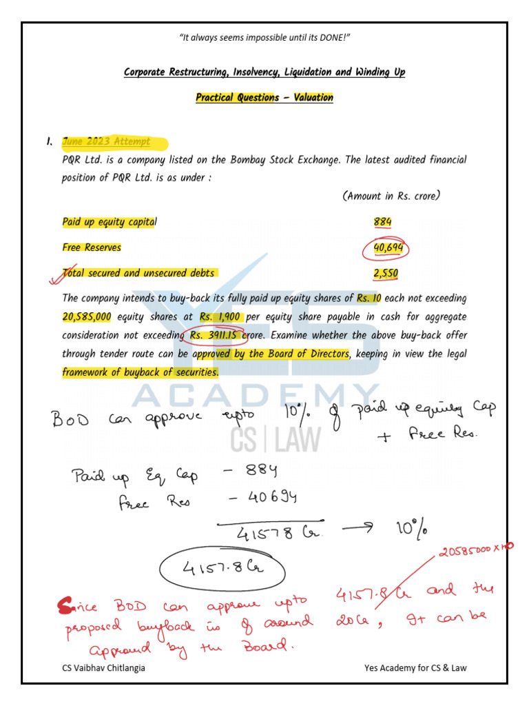 CRI- Solved Valuation Practical Sums - CS Vaibhav Chitlangia - Yes ... CRI- Solved Valuation Practical Sums - CS Vaibhav Chitlangia - Yes ...