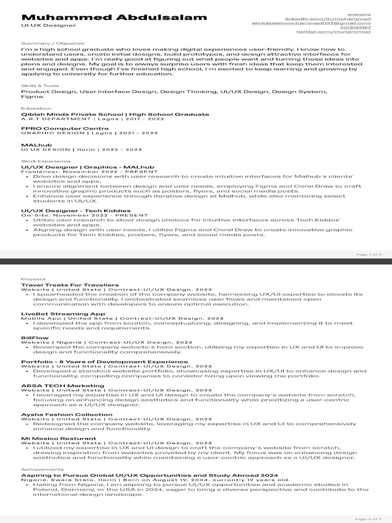 Muhammed Abdulsalam Resume | Download Free PDF | User Interface | Software