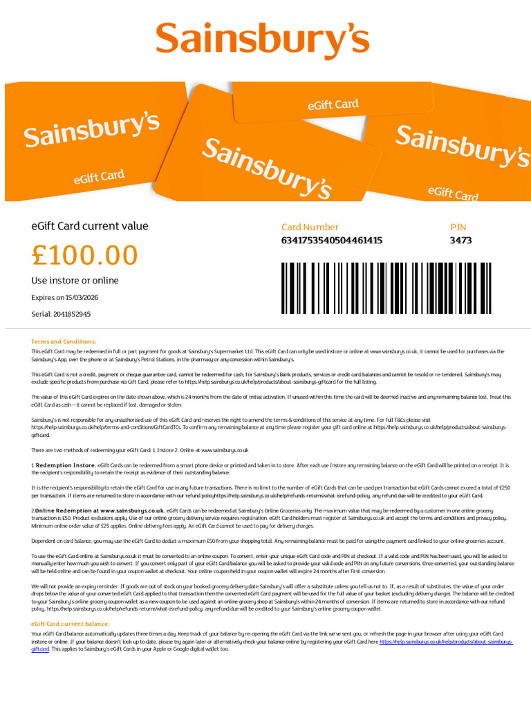 Sainsburys e gift voucher store