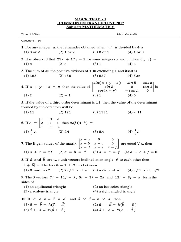 CET Math Mock Test 1 | PDF | Triangle | Ellipse
