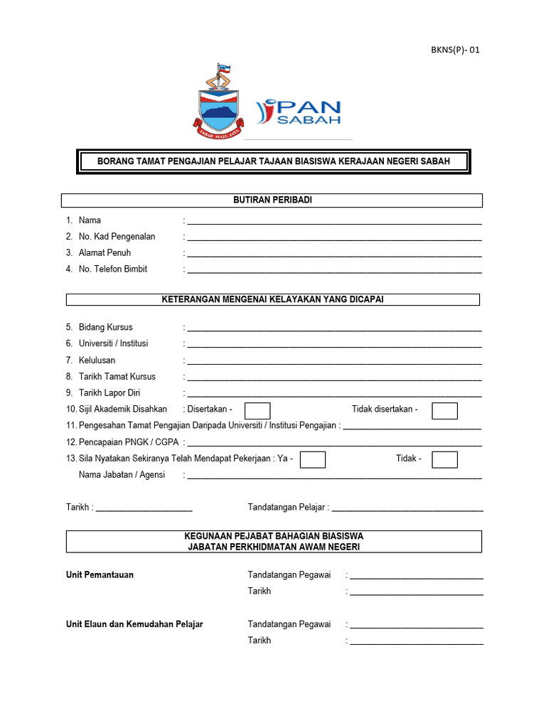 Borang Tamat Pengajian Bkns Jpan | PDF