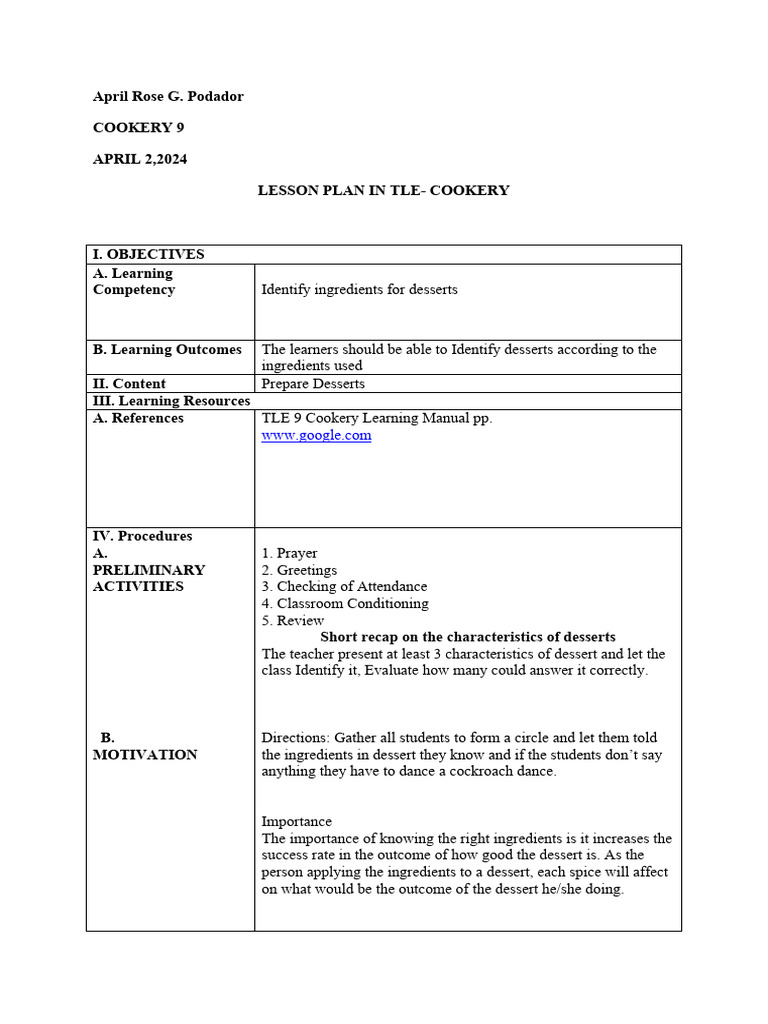 10TH Lessonplan | PDF | Desserts | Cakes