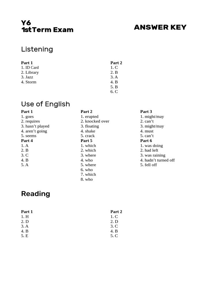 Y6 Term 1 Exam 2023 - KEY | PDF