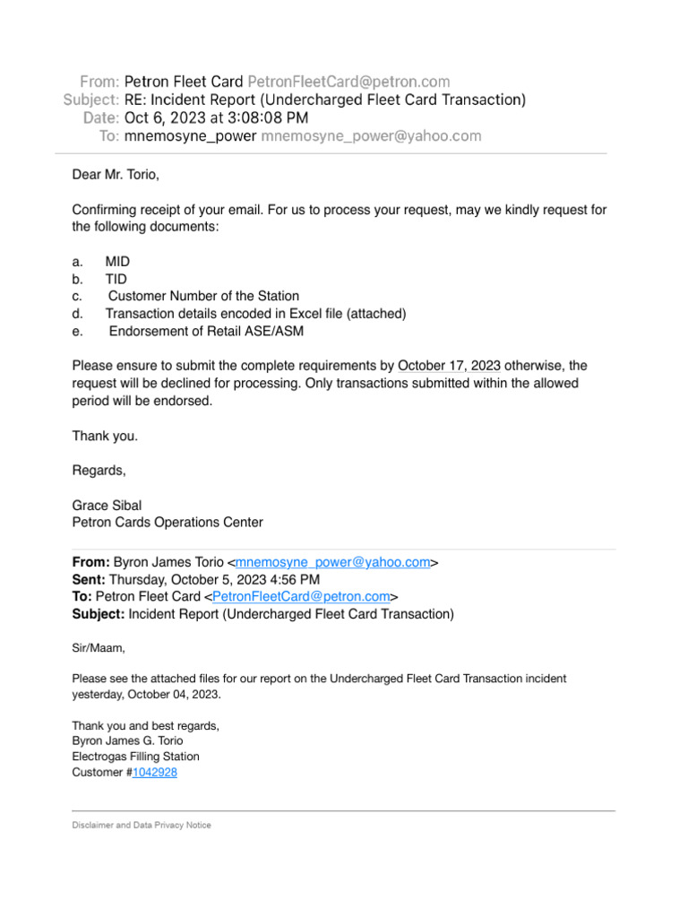 Incident Report (Undercharged Fleet Card Transaction) | PDF | Privacy ...