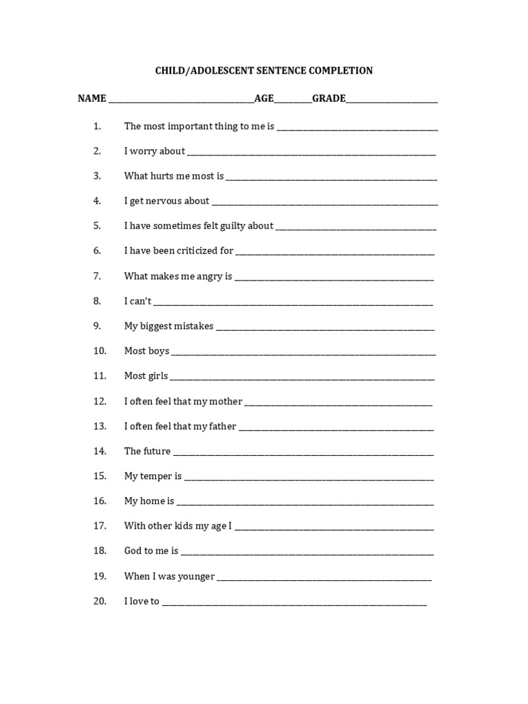 Child Adolescent Sentence Completion | PDF