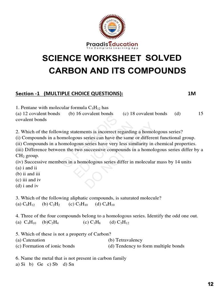 SCIENCE WORKSHEET SOLVED CARBON AND ITS COMPOUNDS | PDF | Chemical Bond ...