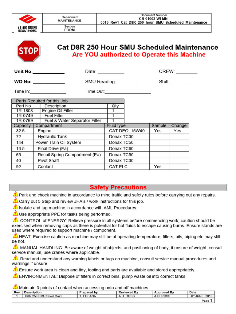Cat D8R 250 Hour Maintenance Checklist | PDF | Air Conditioning | Engines