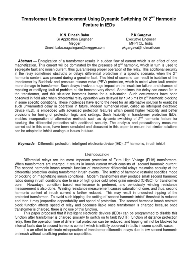 Transformer Life Enhancement Using Dynamic Switching Of 2nd Harmonic ...