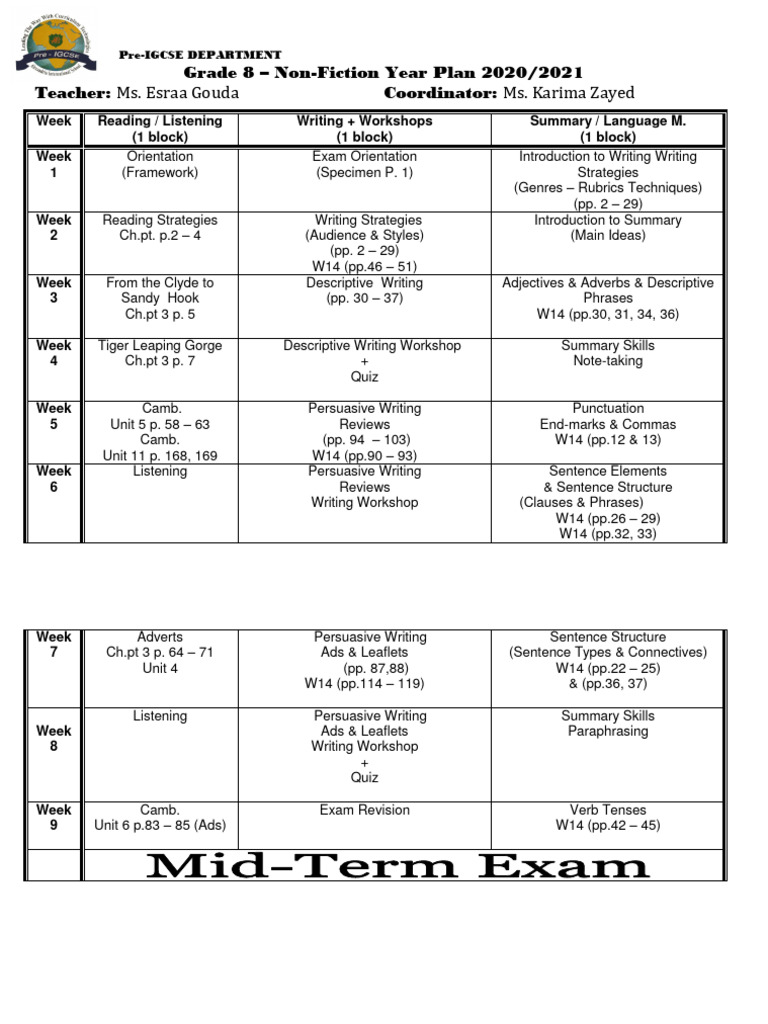 Grade-8-Year Non-Fiction Plan 2020-2021 | PDF | Linguistic Typology ...